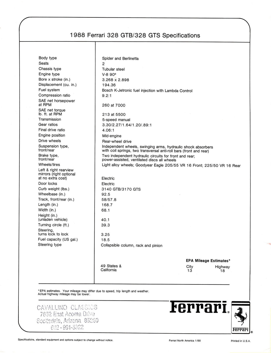 Ferrari 328 GTB & GTS Specifications Brochure (1/88) – Albaco Collectibles